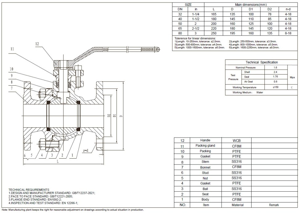 Buy PN16 DN65 Stainless steel ball valve AISI 316, Seat: PTFE — Sealing ...