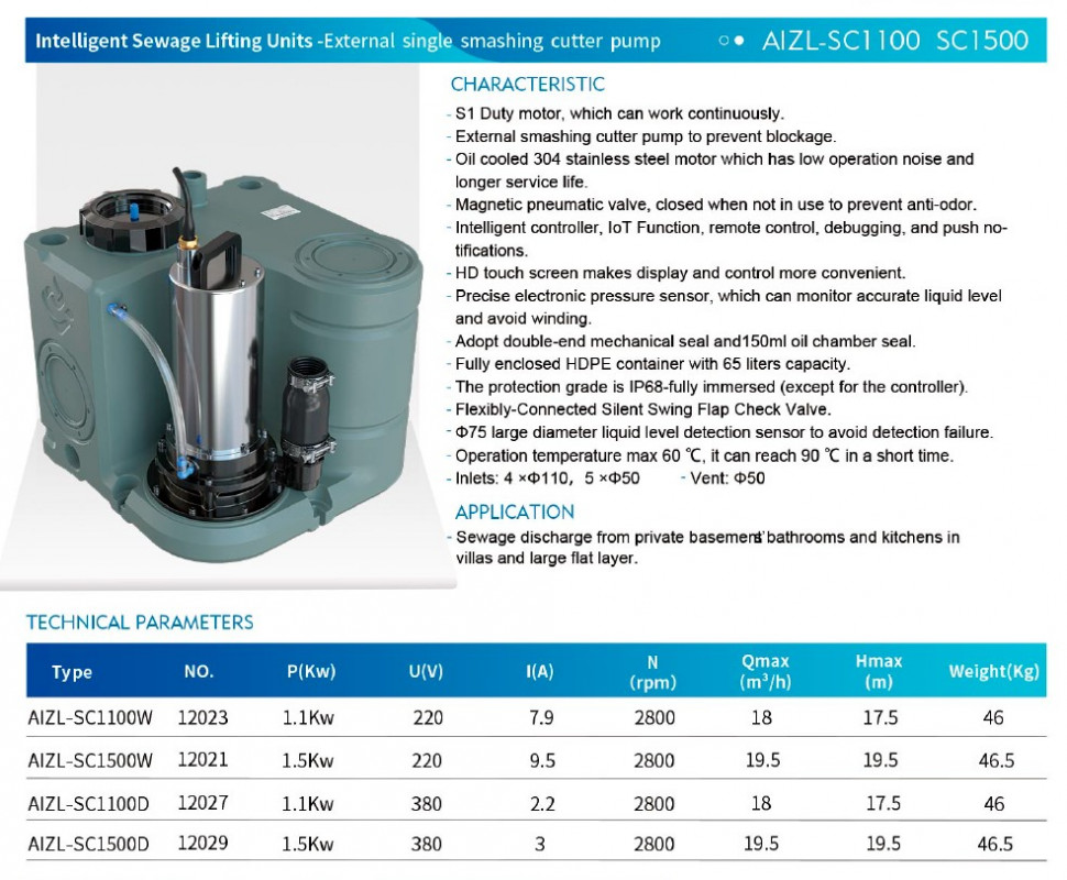 Buy Sewage lifting unit with submersible pump and control panel AIZL-SC ...