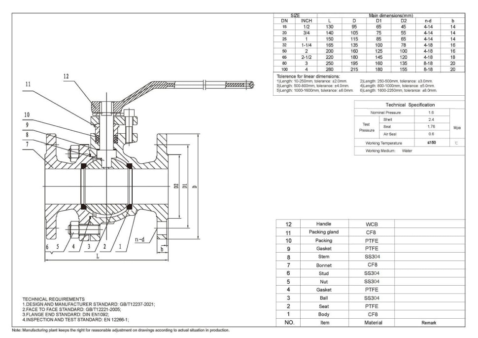 Buy PN16 DN100 Stainless steel ball valve AISI 304, Seat PTFE — Sealing ...