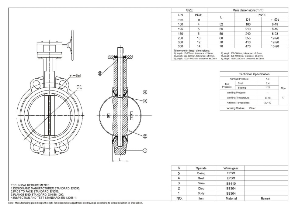 PN16 DN250 Засувка Батерфляй, корпус і диск із нержавіючої сталі AISI ...